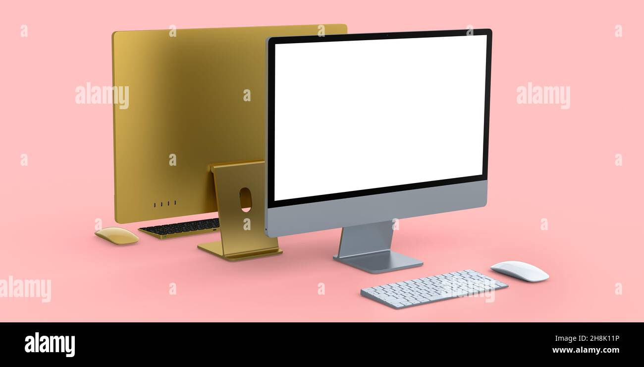 Desktop Computer Screen Display With Keyboard And Mouse Isolated On