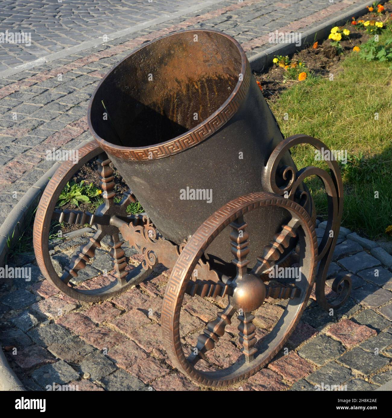 Ancient rusty cannon standing at the open air museum in Kamianets ...