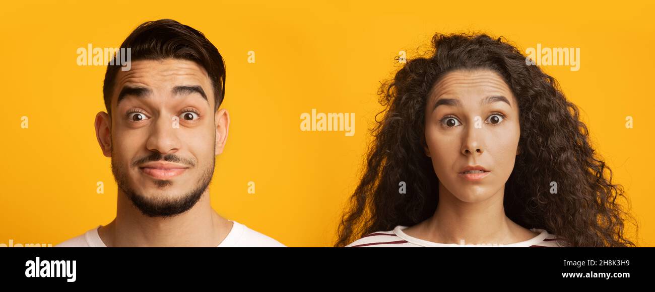 Shocking Offer. Surprised Arab Man And Woman Looking At Camera With ...