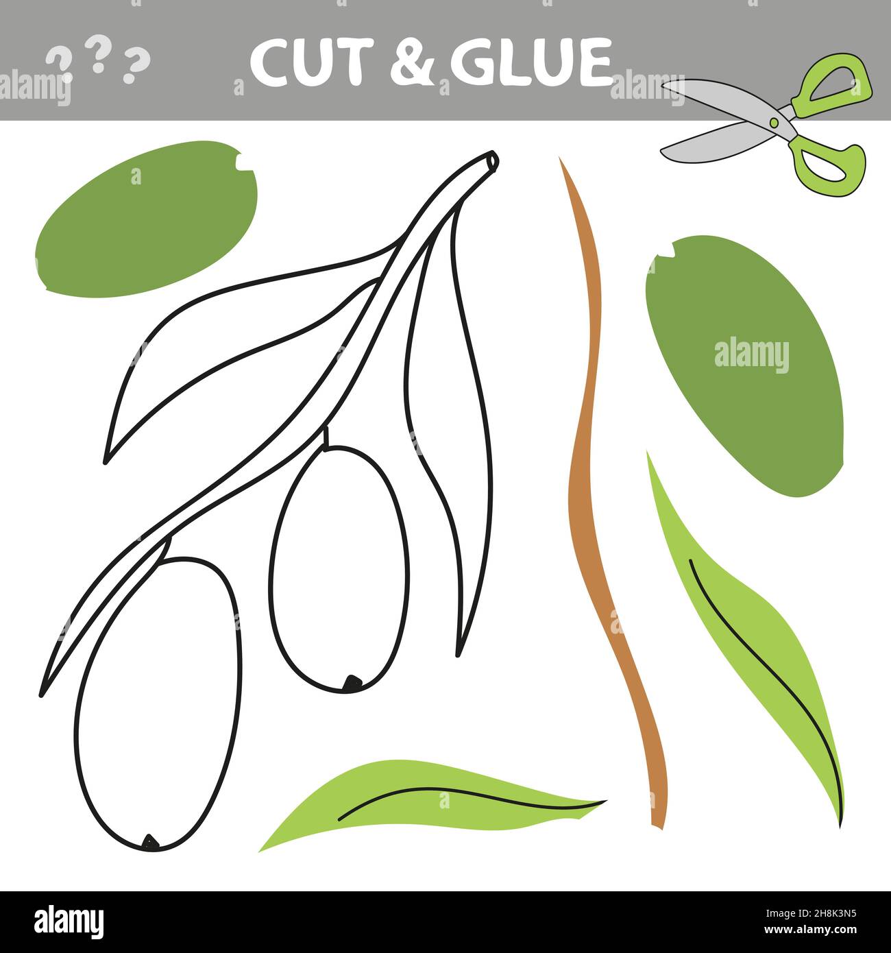 Cut and glue - Simple game for kids. Fruits and vegetables, olives ...