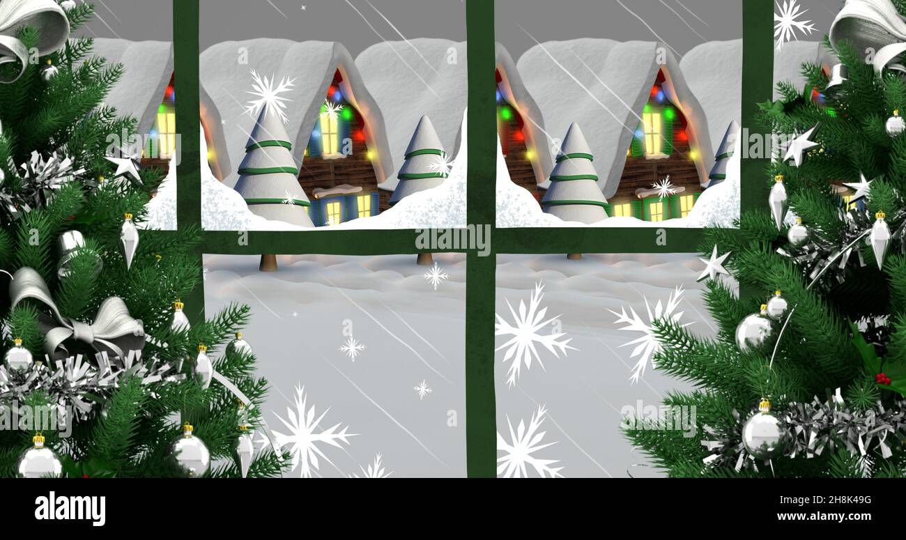 Vector image of decorated snow covered houses and christmas trees seen ...