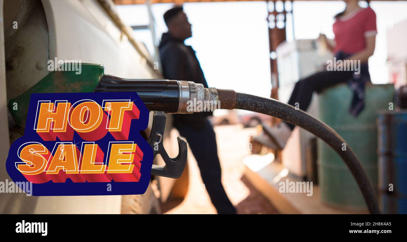 Digital composite image of hot sale sign on fuel pump refueling vehicle ...