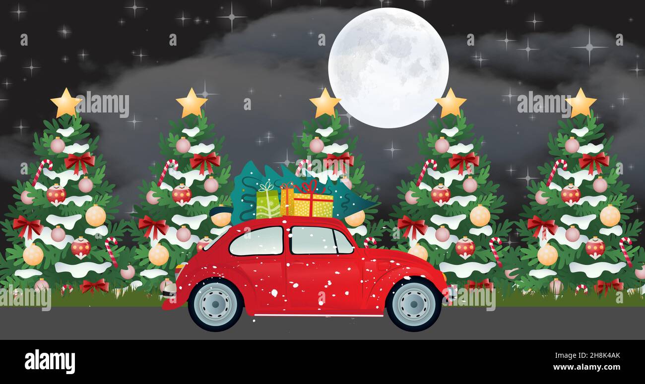 Vector image of red car with gift boxes moving by decorated christmas ...