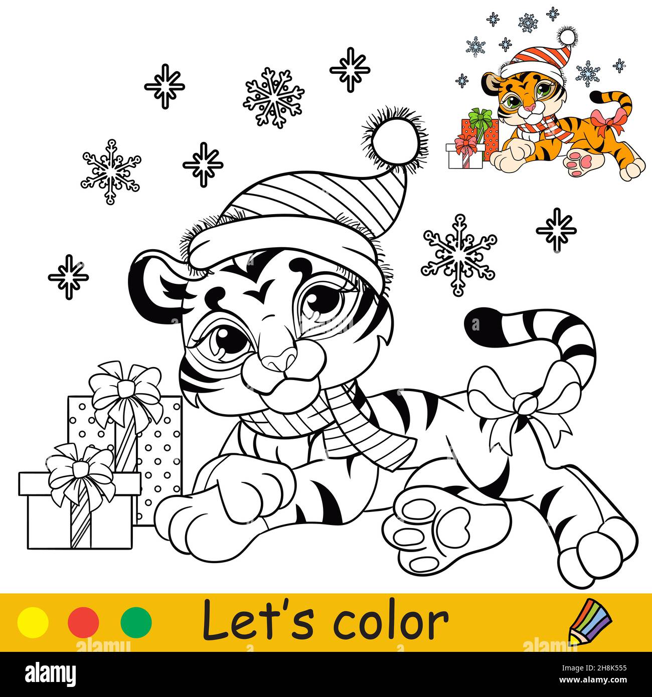 Coloring page with cute tiger cub, Christmas presents and snowflakes ...