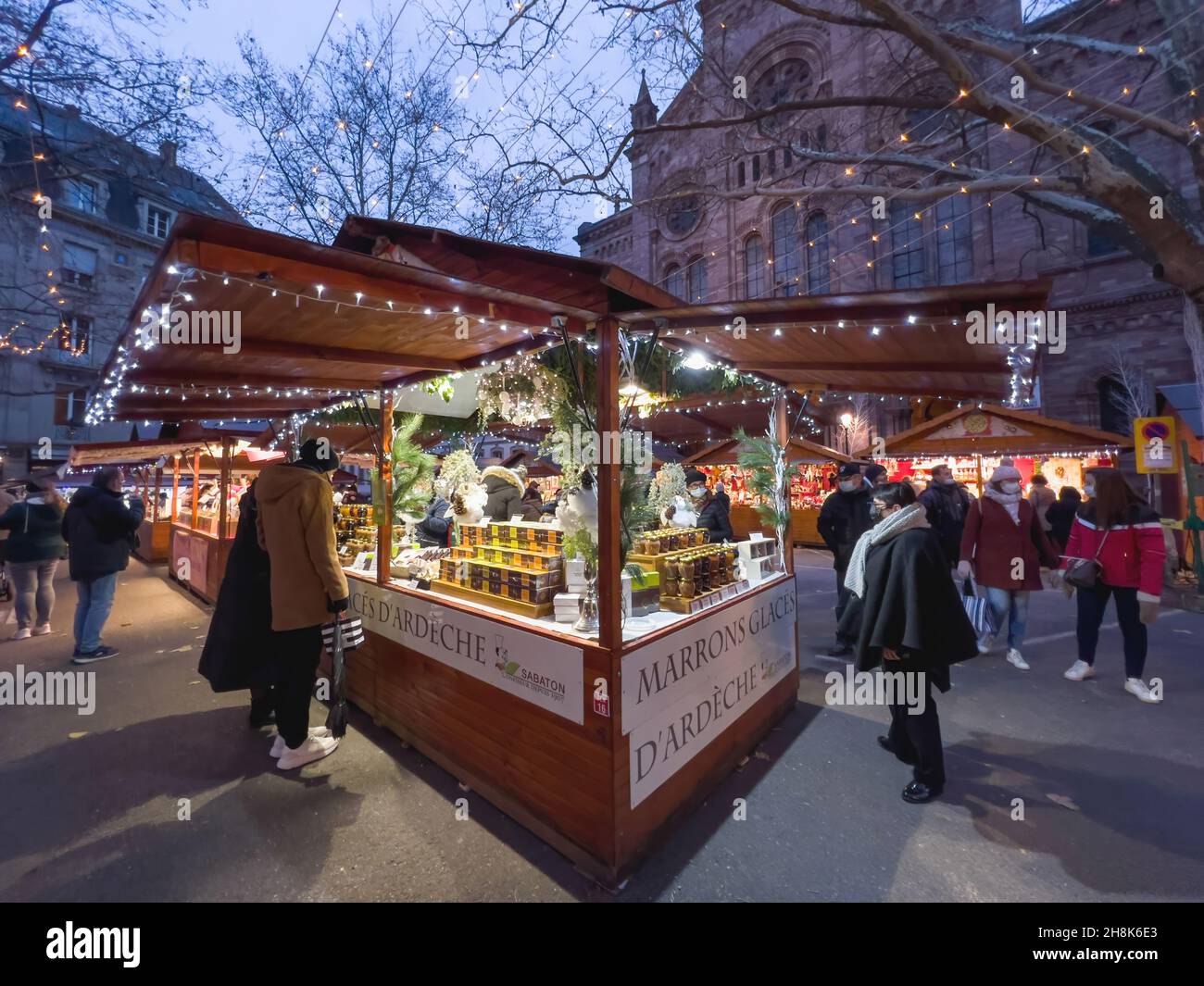 Place du Temple Neuf with people eating shopping chestnut brown Stock ...