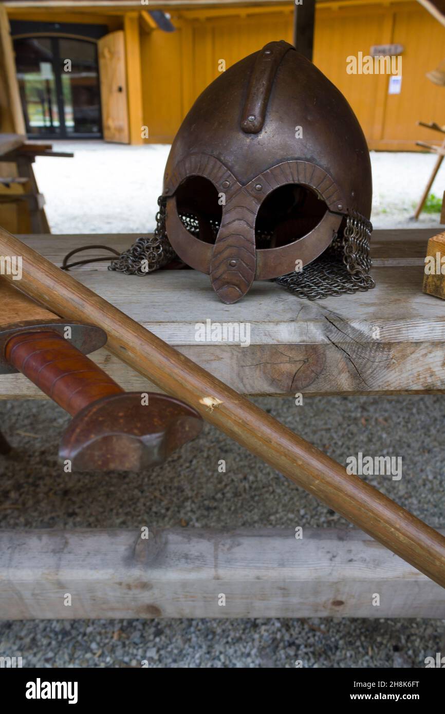 Viking iron helmet and sword Stock Photo - Alamy