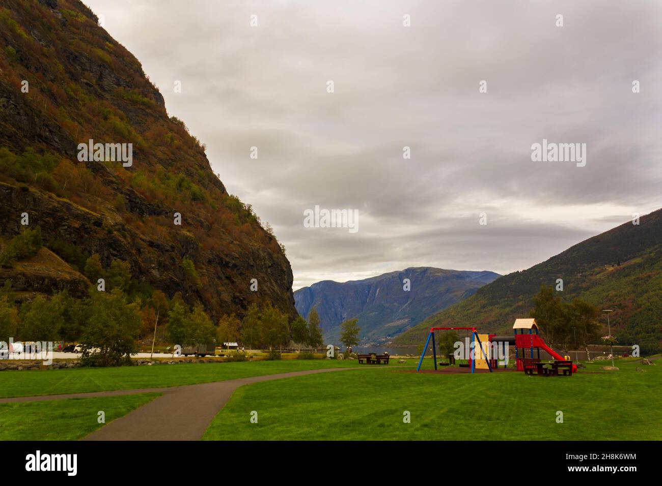 Outdoor playground in beautiful Flam village in the Flamsdalen valley ...
