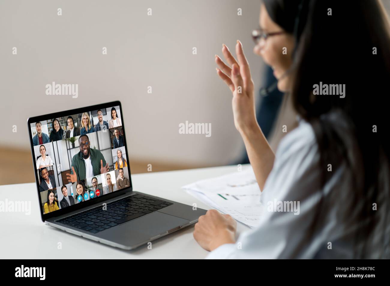 Virtual meeting, brainstorm of colleagues, online conversation. Over ...