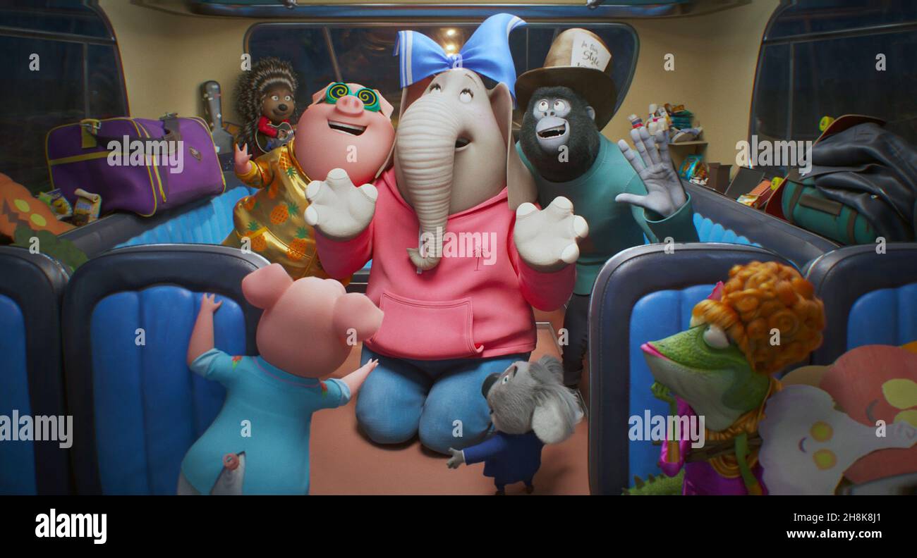 SING 2, back, from left: Ash (voice: Scarlett Johansson), Gunter (voice ...