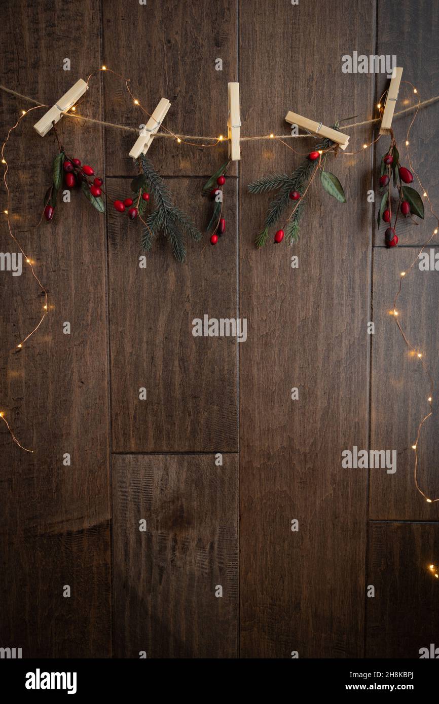 Christmas frame with sprigs of branches with green leaves and red ...
