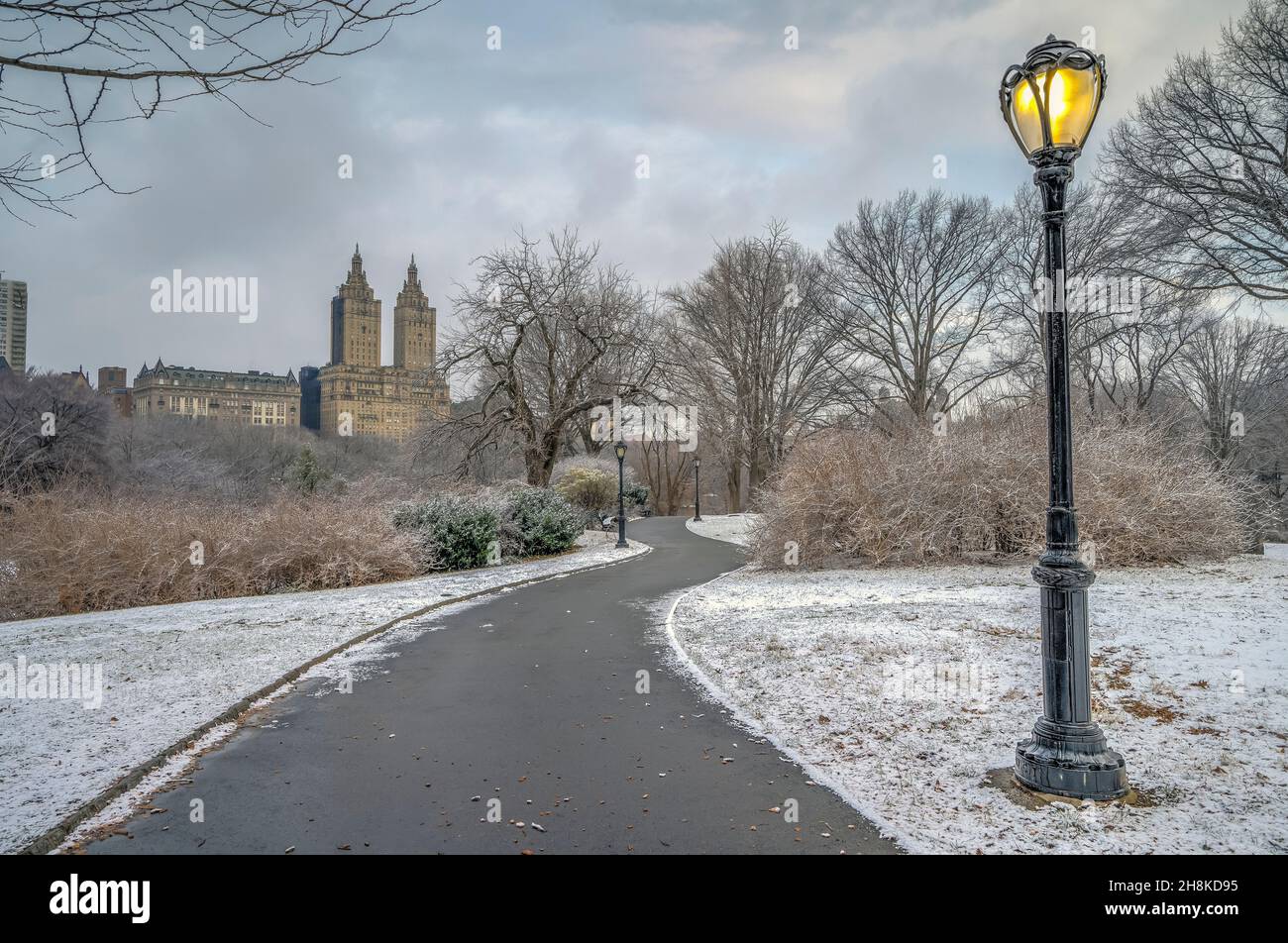 Central Park in winter after snow storm and strong weather Stock Photo ...