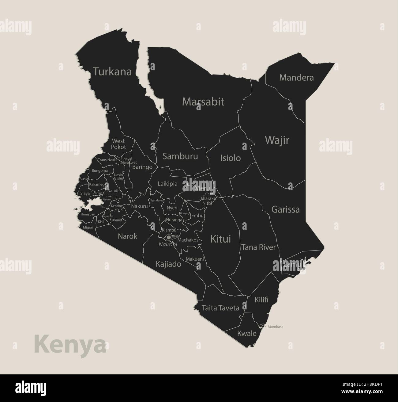 Black map of Kenya with names of regions, design blackboard vector ...