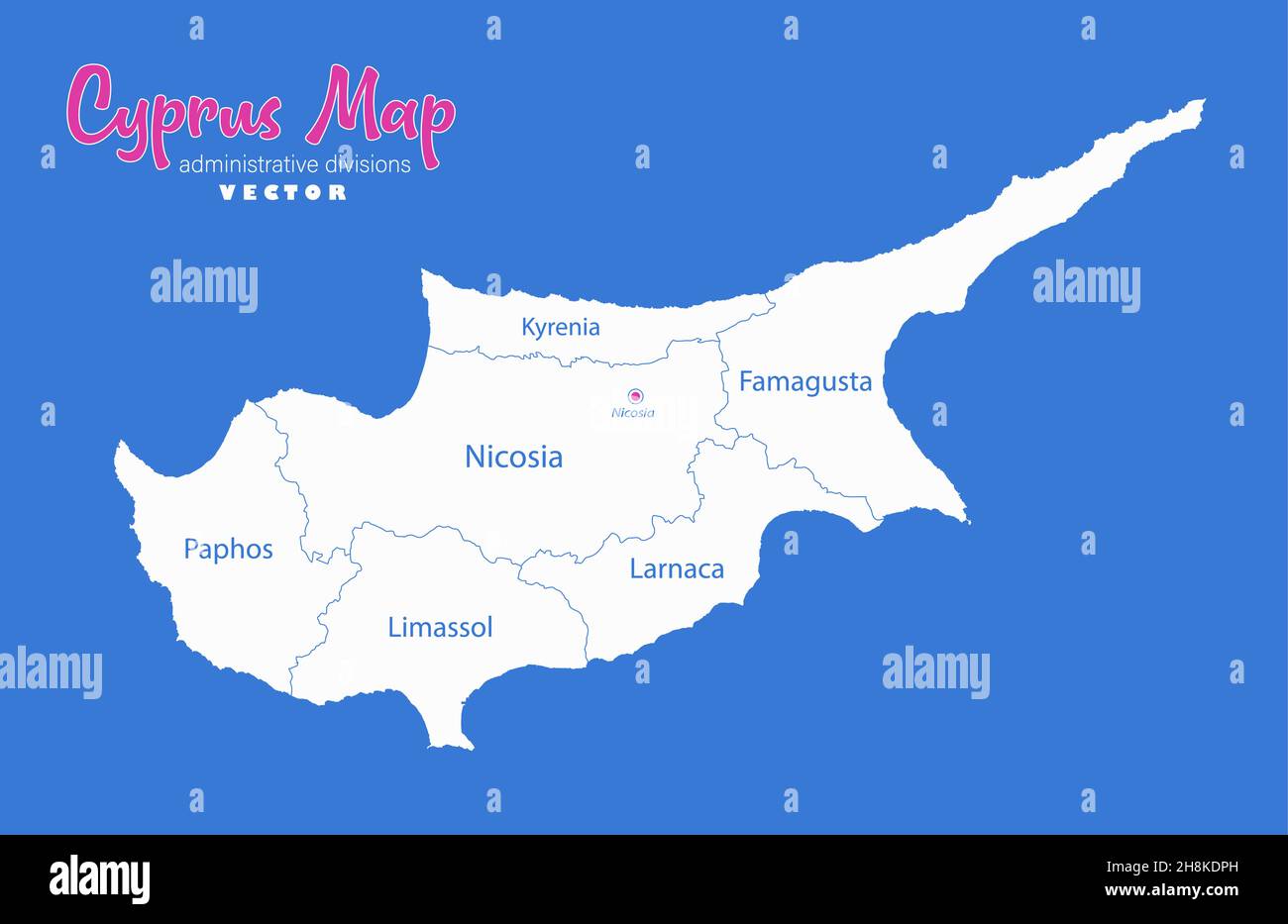 Cyprus map, administrative divisions whit names regions, blue ...