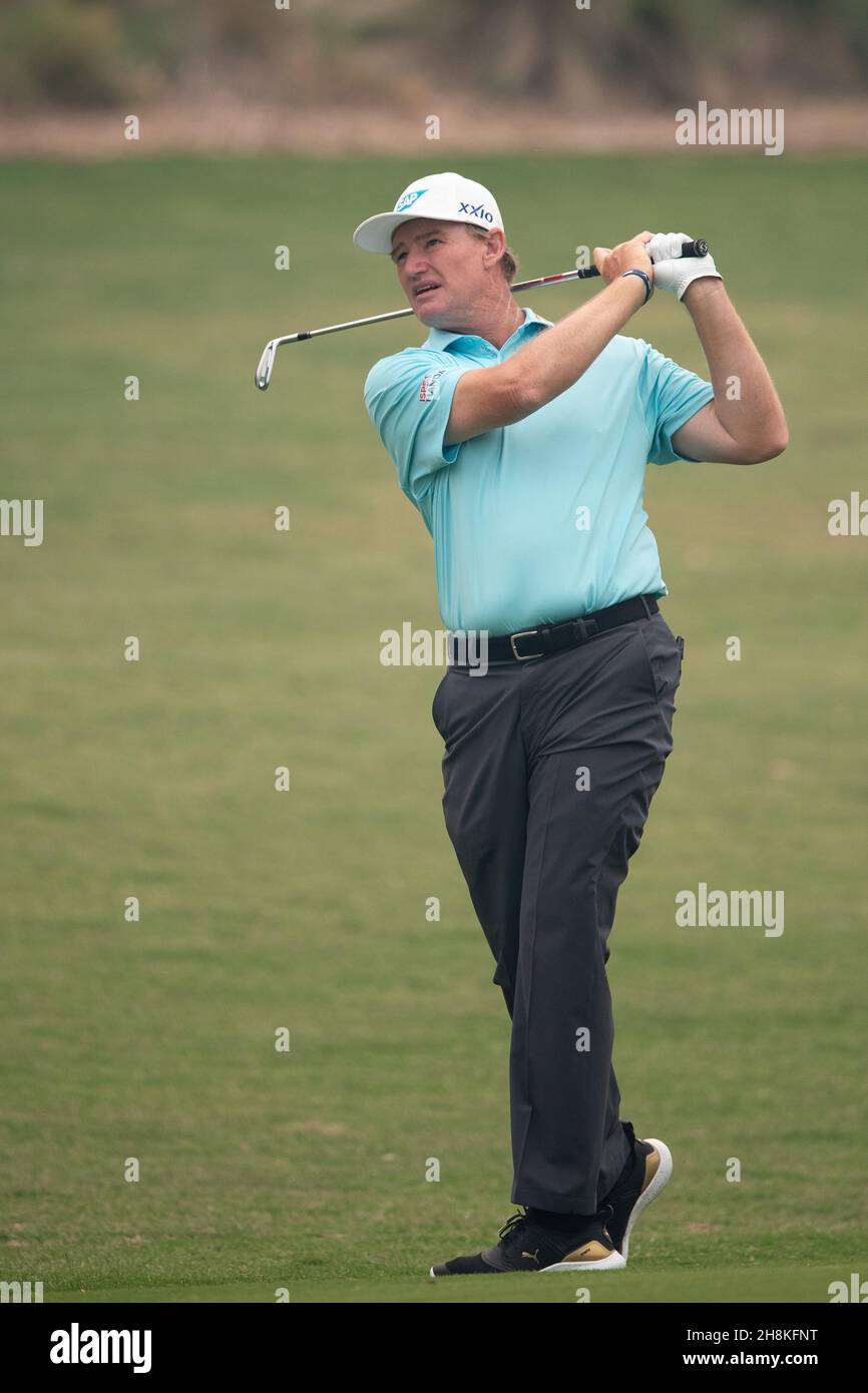 SYDNEY, AUSTRALIA - DECEMBER 05: Ernie Els hits a shot during round 1 ...