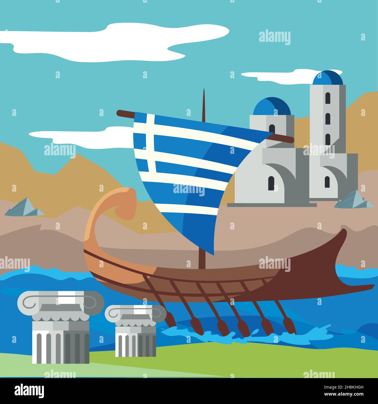greek boat poster and building Stock Vector Image & Art - Alamy