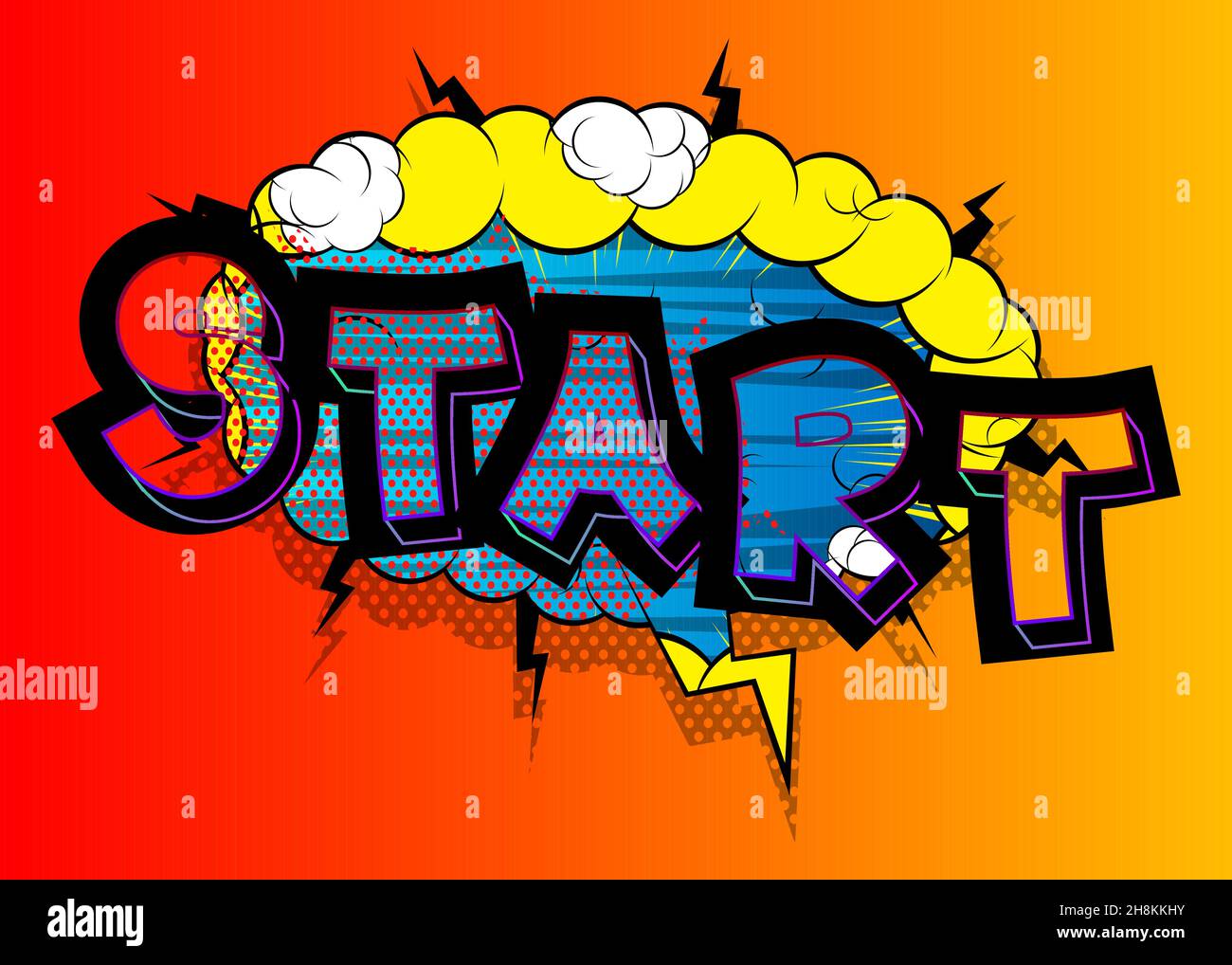 Start. Comic book word text on abstract comics background. Retro pop ...