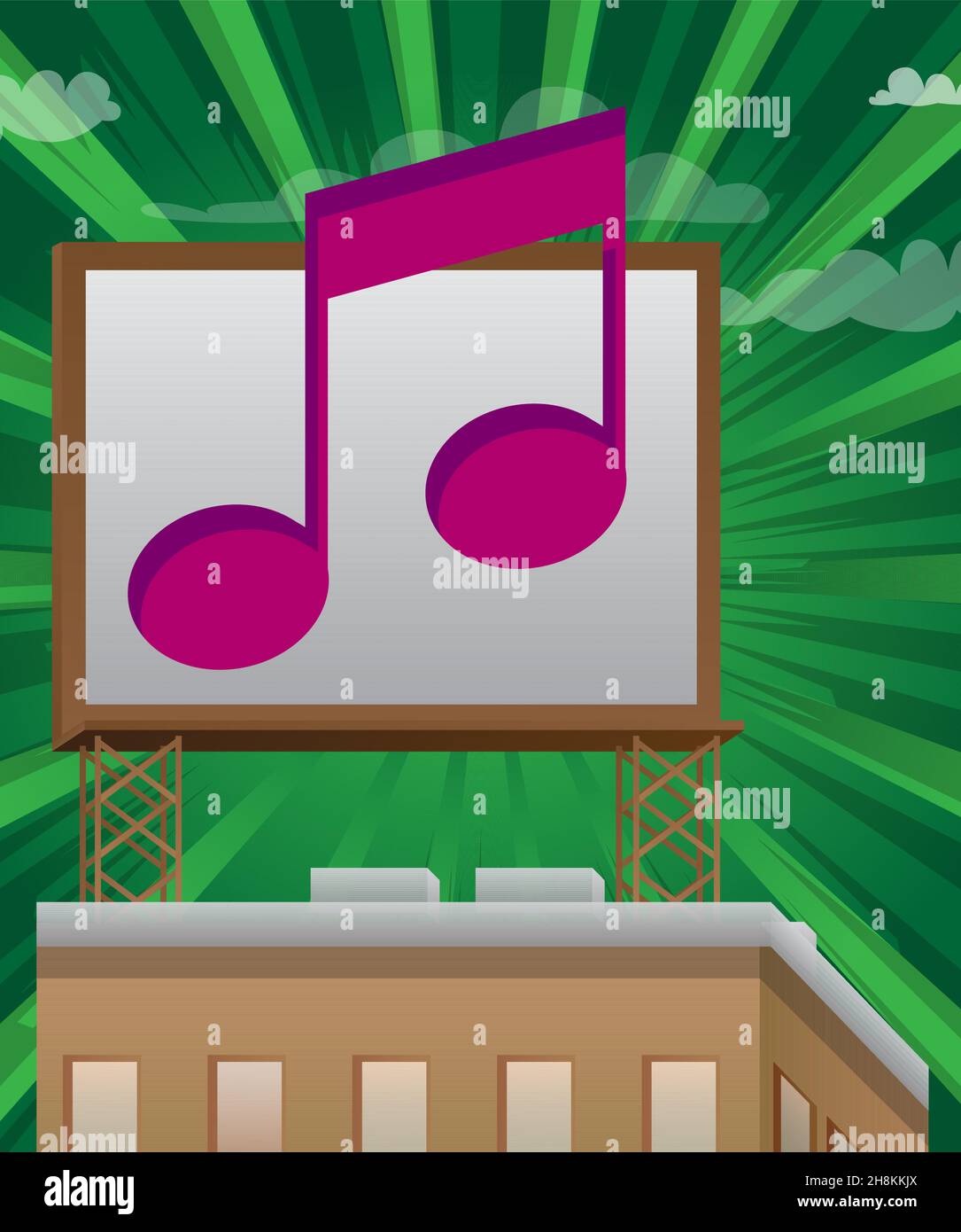 Music Note icon on a billboard sign atop a building. Outdoor ...