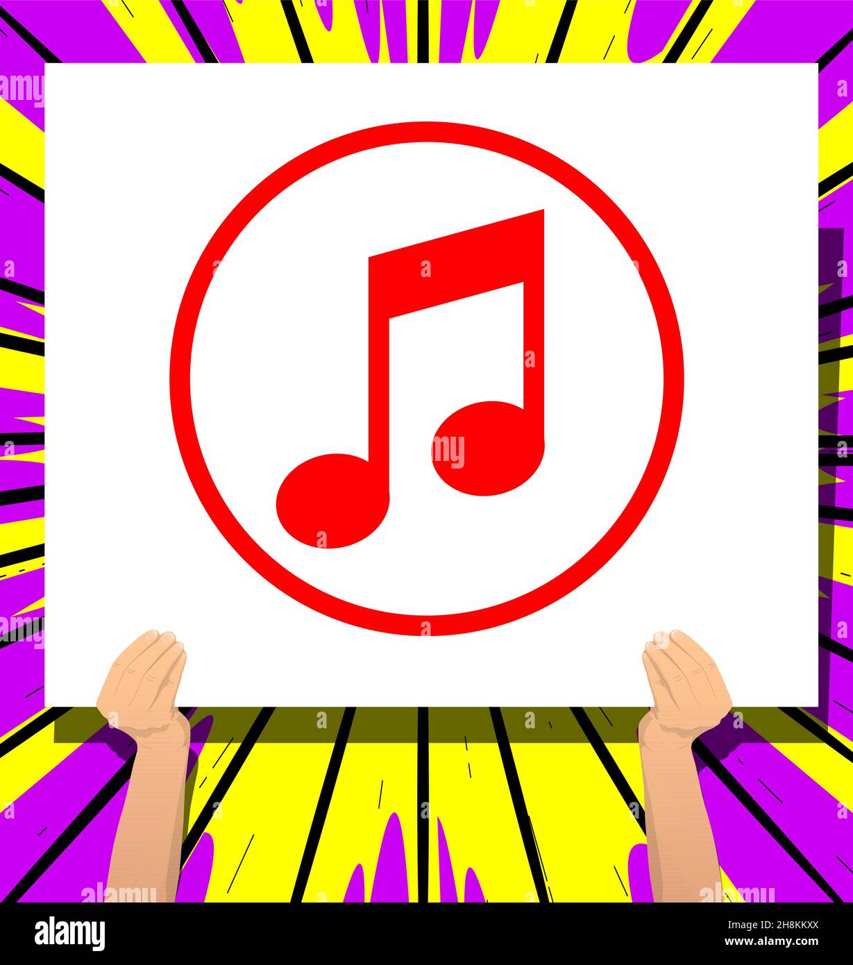 Hand holding banner with Music Note icon on white paper. Man showing ...