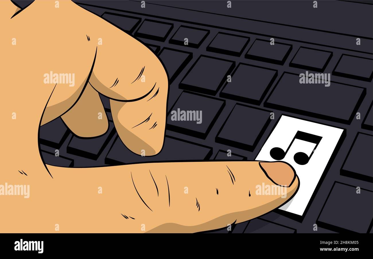 Music Note icon on computer keyboard. Man push keypad on laptop. Comic ...