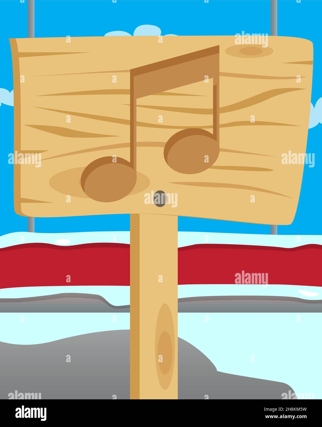 Music Note icon on Wooden sign. Cartoon vector illustration. Listening ...