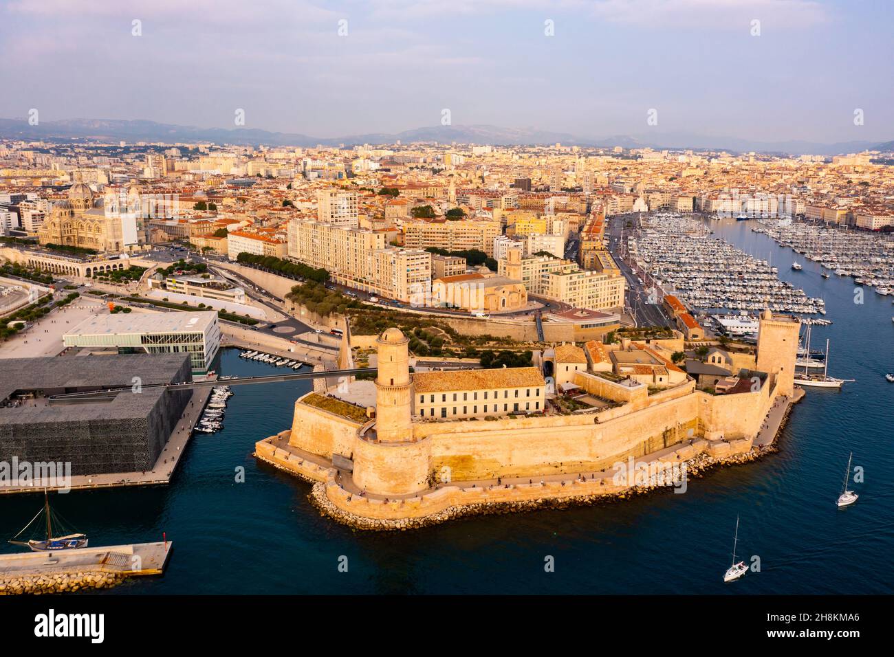 Aerial view of town and port in Marseille city with of sailboats and ...
