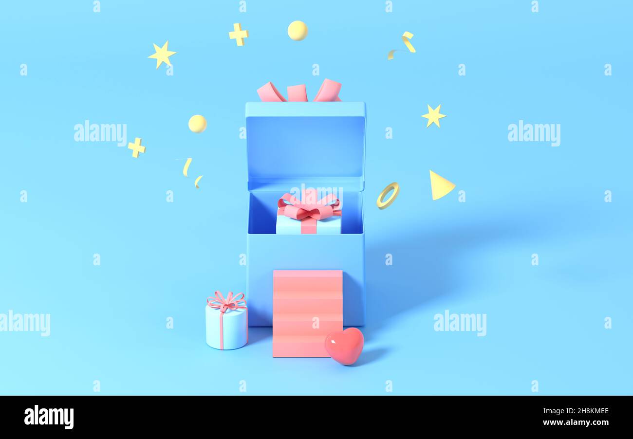 Open presents and stairs with blue background, 3d rendering. Computer ...