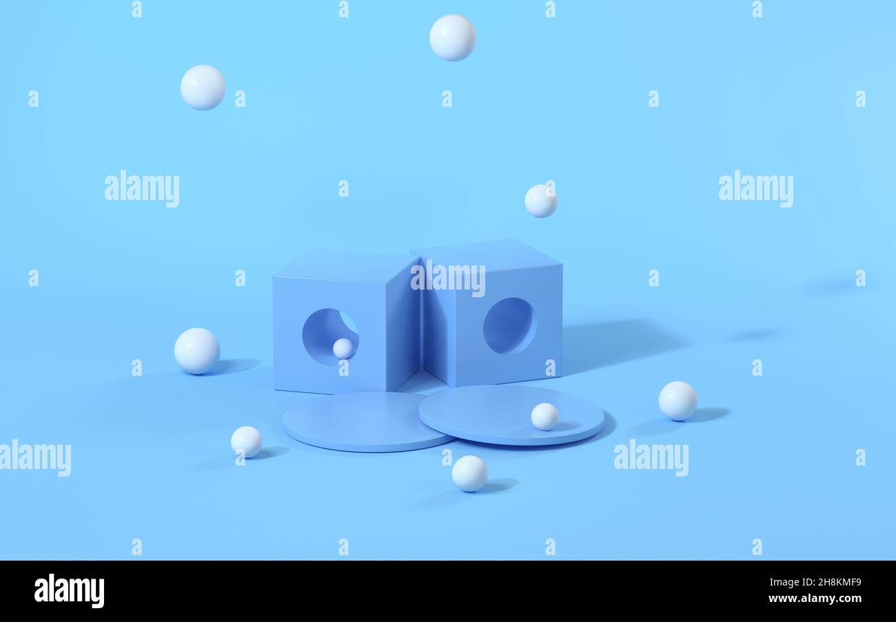 Creative geometry stage with blue background, 3d rendering. Computer ...
