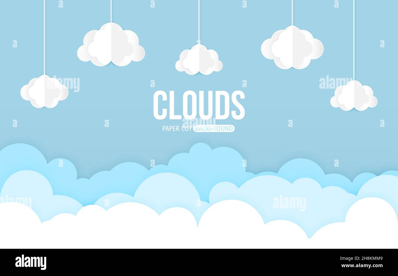 Cloud paper cut blue sky flat style. Cartoon volumetric splash ...