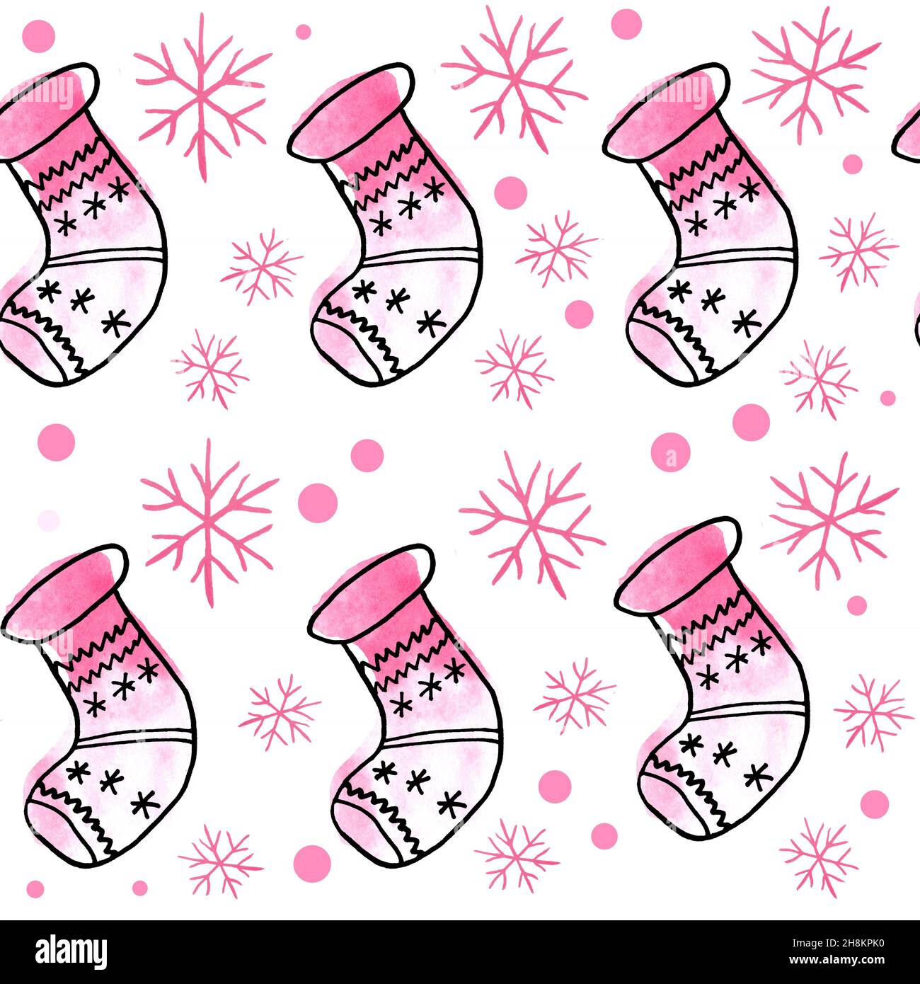 Watercolor seamless hand drawn pattern with pink Christmas elements ...