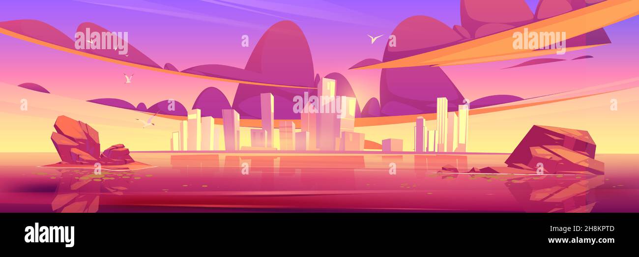 Sunset city skyline architecture near waterfront, modern megapolis with ...