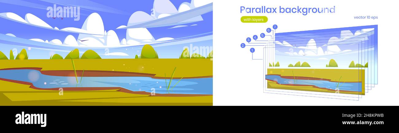 Parallax background, cartoon scenery 2d landscape with lush green fields of meadows and river or ...