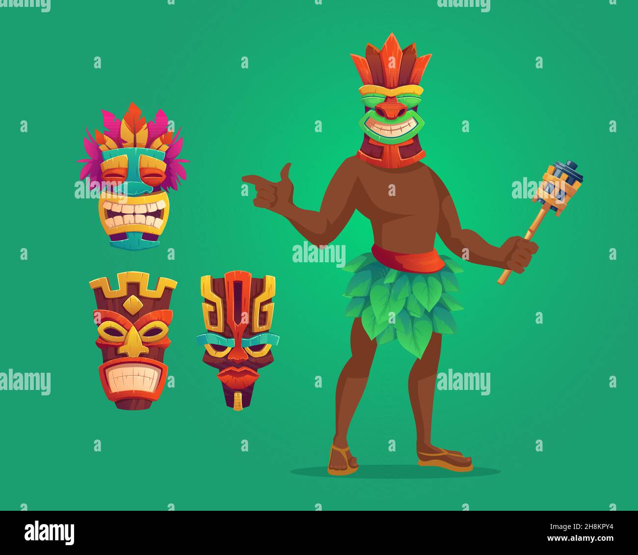 Tiki man with torch and masks, tribal wooden totems, hawaiian or ...