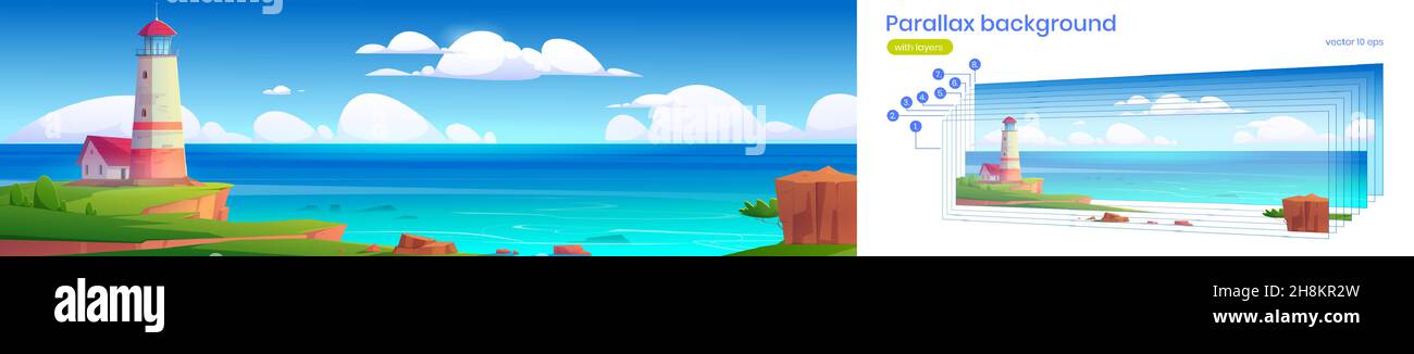 Parallax background lighthouse on sea shore. Beacon building at ocean ...