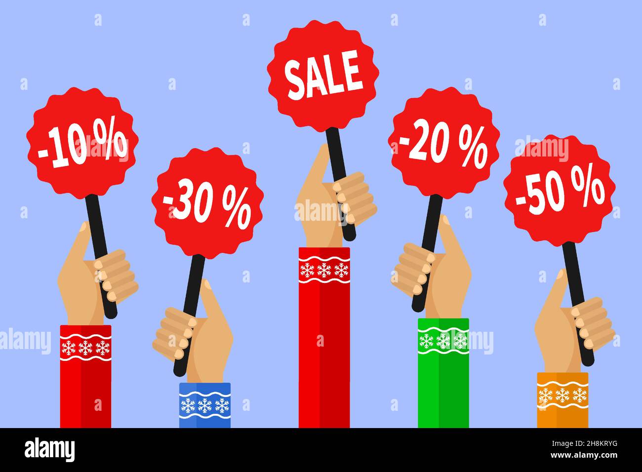 Concept of discount. A lot of hands holding placards with sales ...