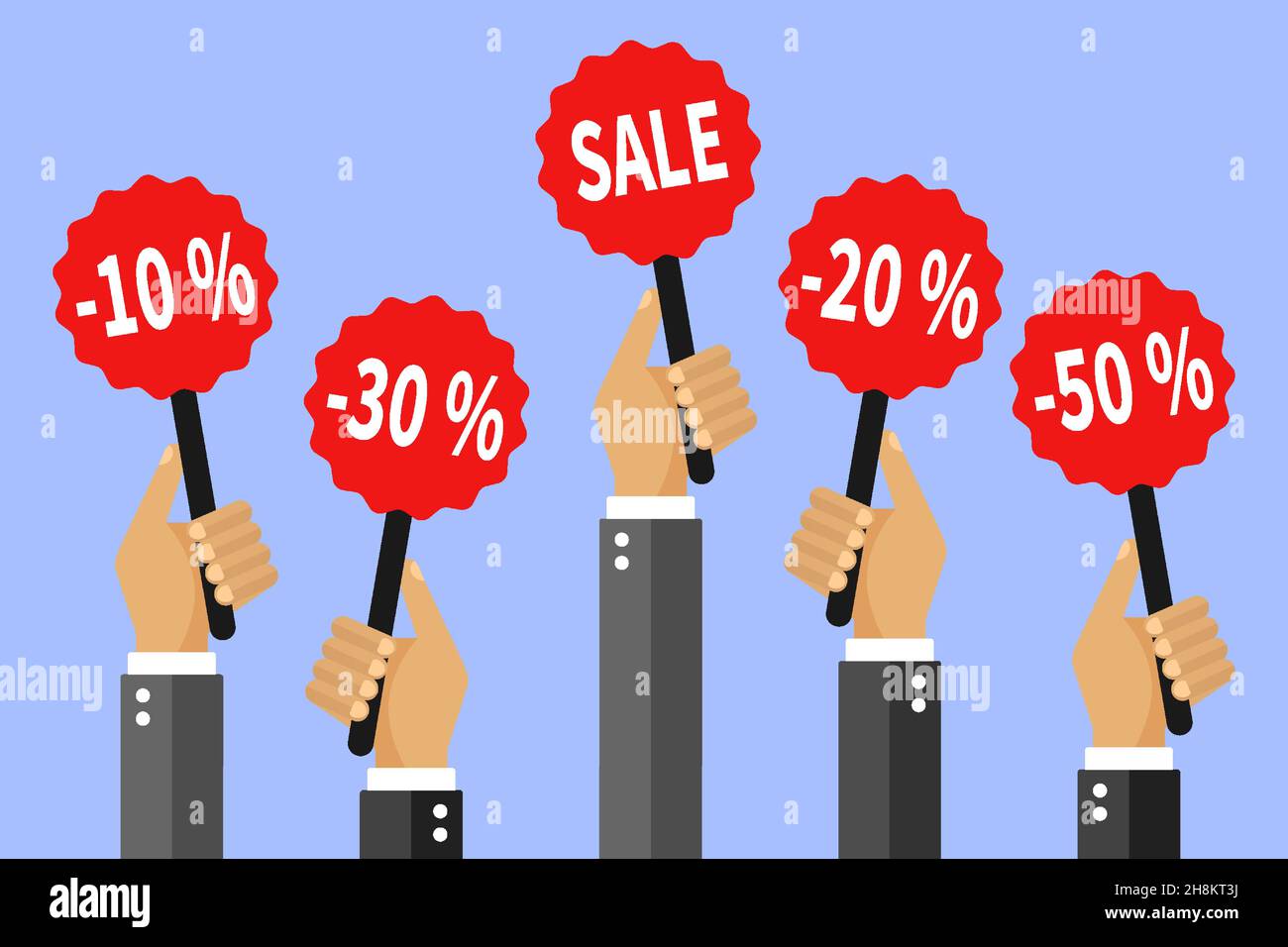 Concept of discount. A lot of hands holding placards with sales ...