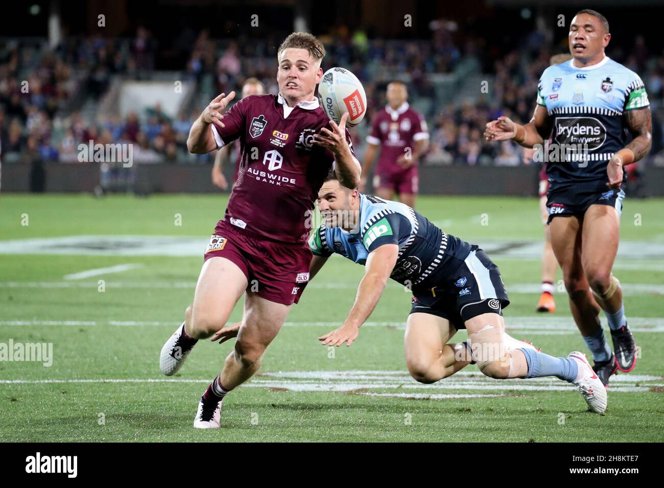 AJ Brimson of the QLD Maroons scores a try during game one of the 2020 ...