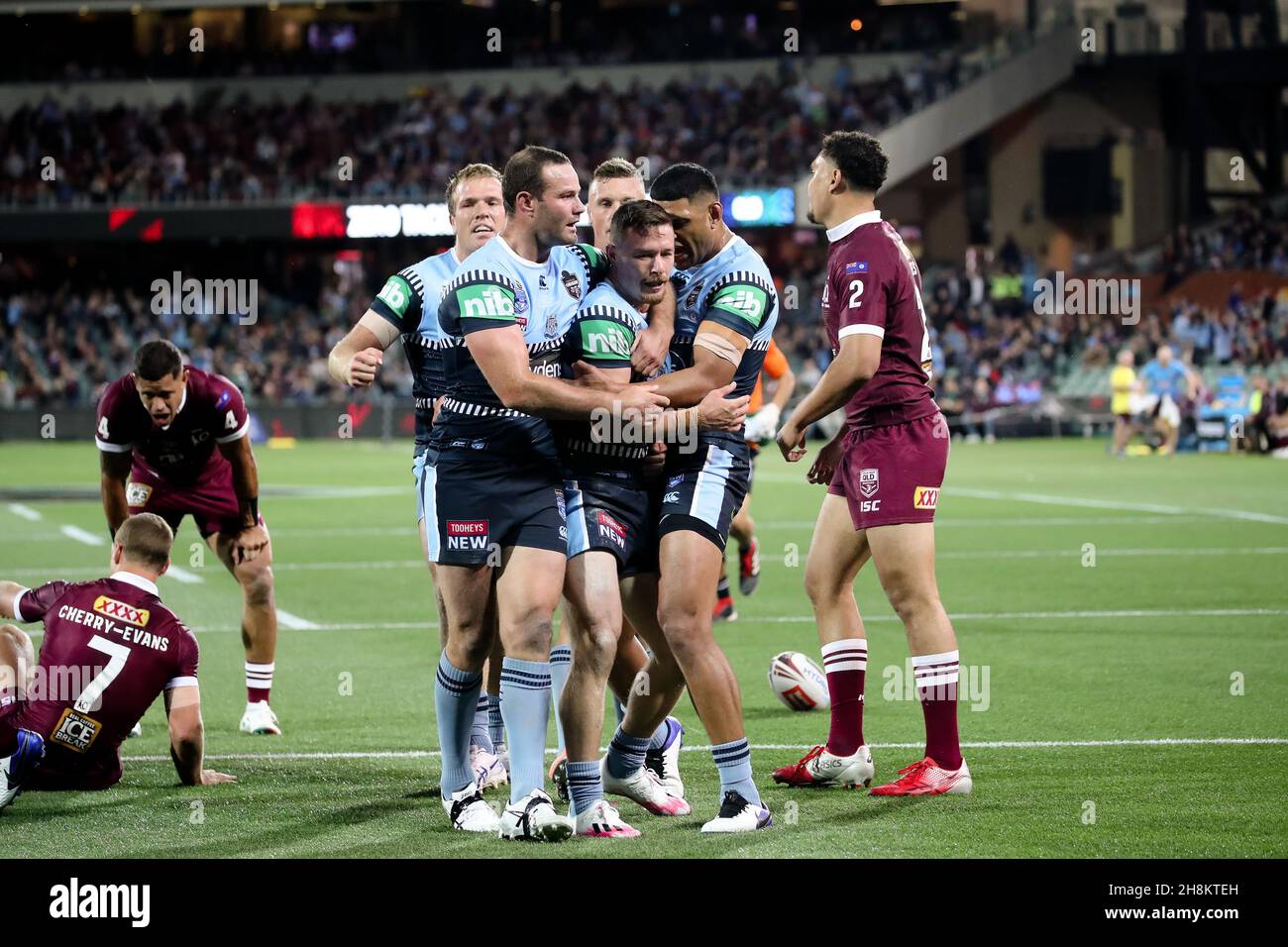 Damien Cook of the NSW Blues scores a try during game one of the 2020 ...