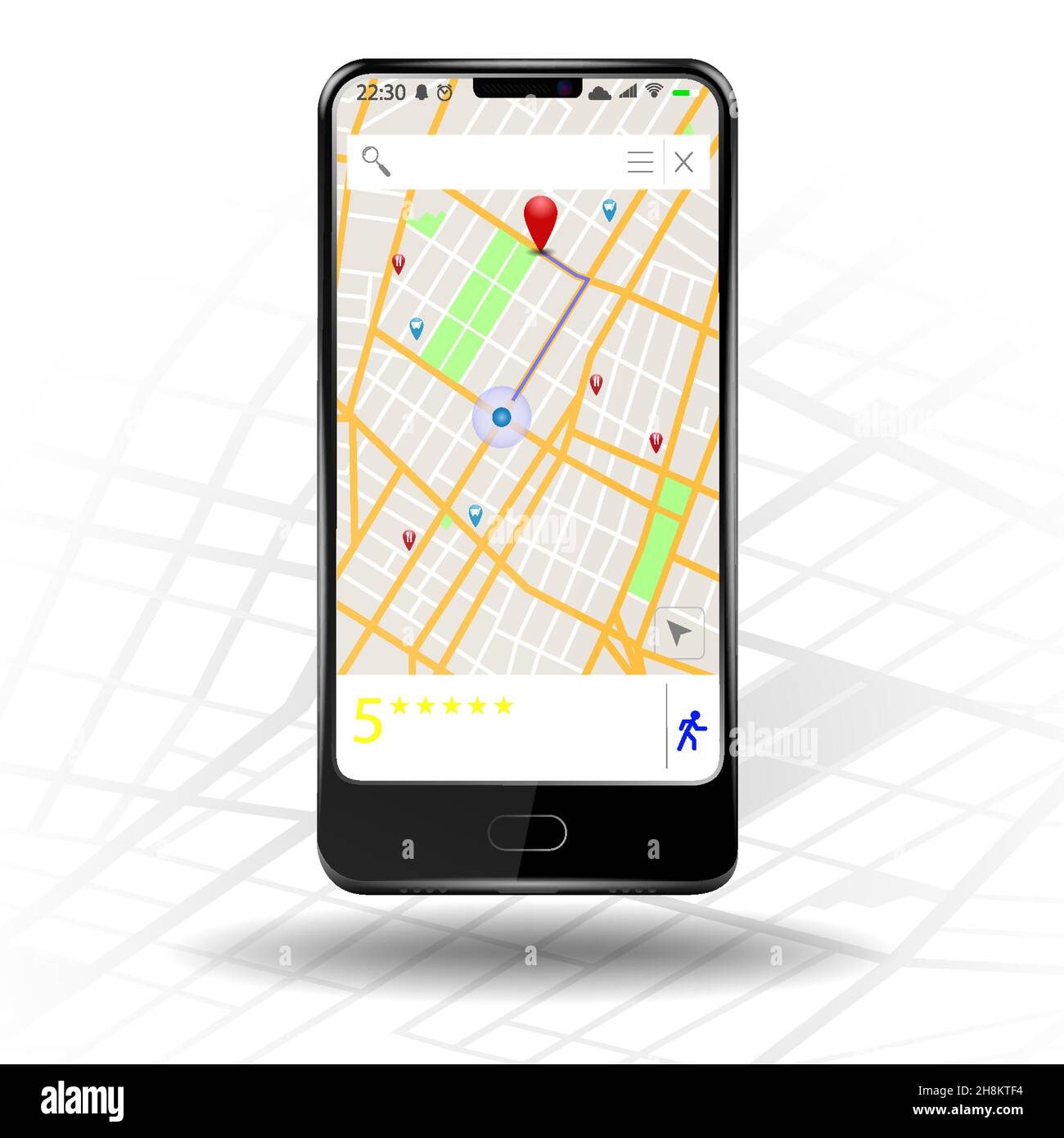 Mobile phone with map marker. Touchscreen smartphone. Concept of route ...