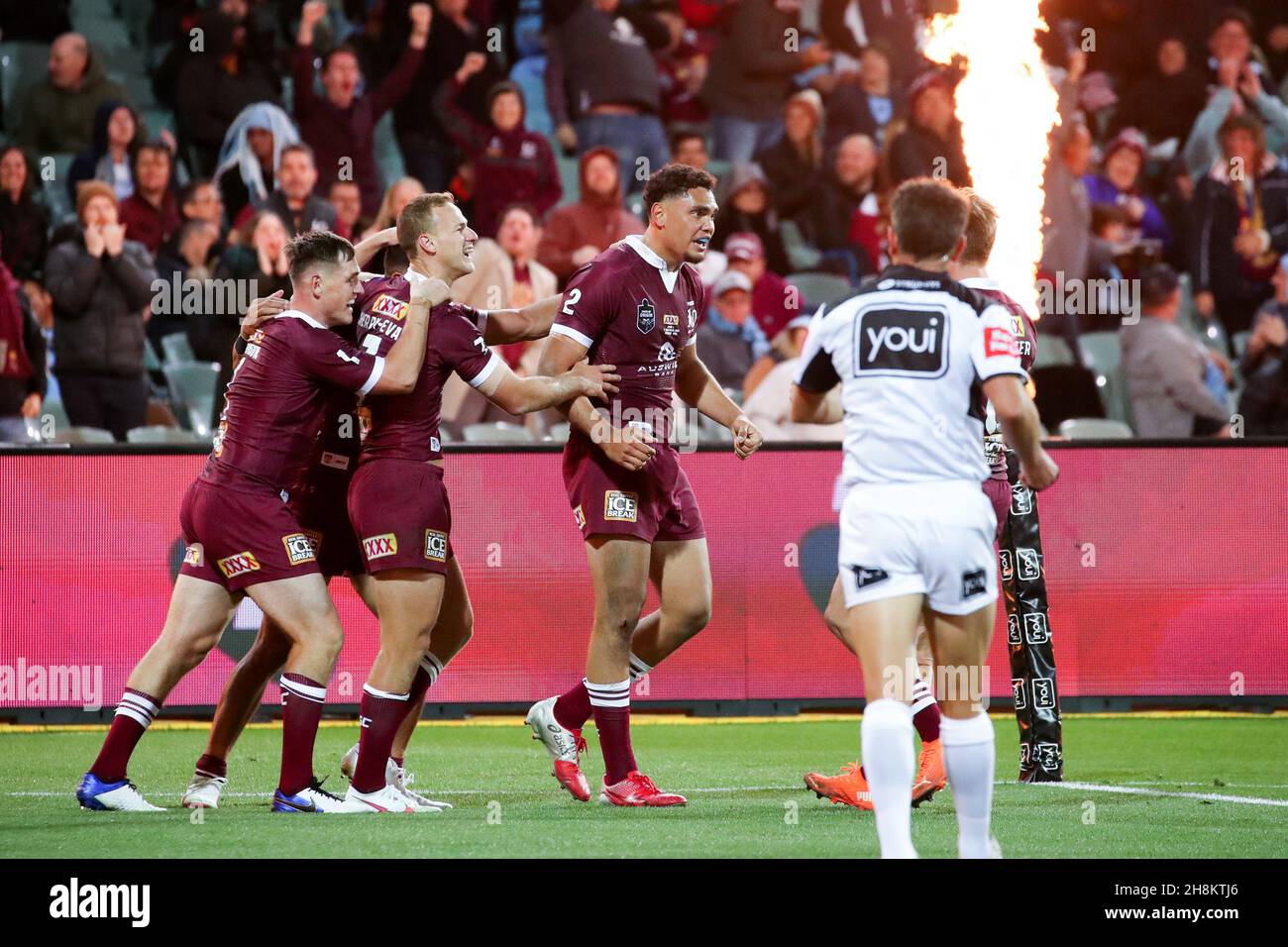 Xavier Coates of the QLD Maroons scores a try during game one of the ...