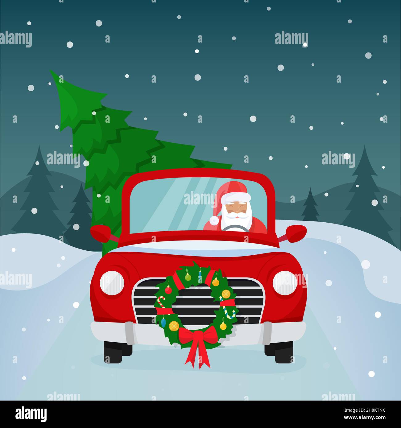 Chrismas car with Santa Claus as the driver with gifts, tree and ...
