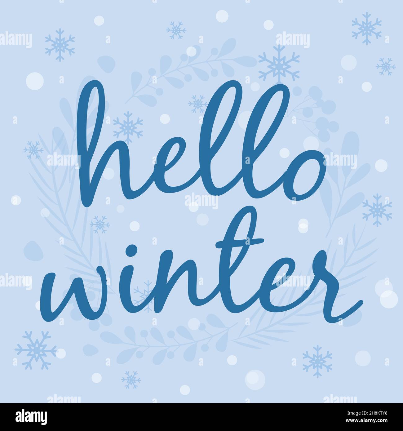 Hello winter text. Brush lettering at blue winter background with ...