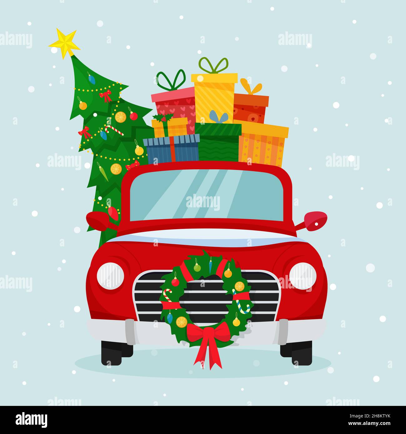 Chrismas car with Santa Claus as the driver with gifts, tree and ...