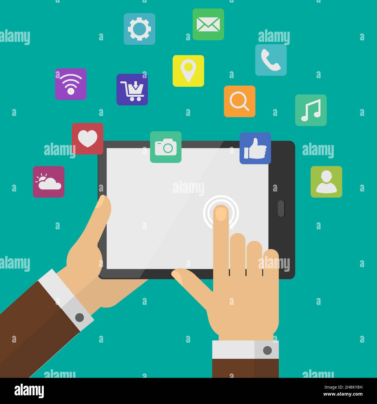tablet pc with social media icons and hand cursor Stock Vector Image ...