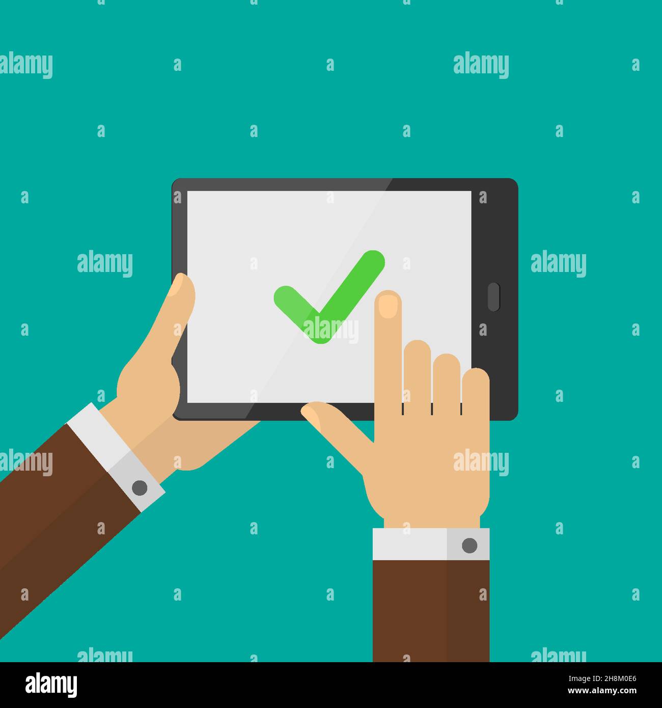 Check mark on tablet screen. Hand holding tablet with checkmark, finger ...