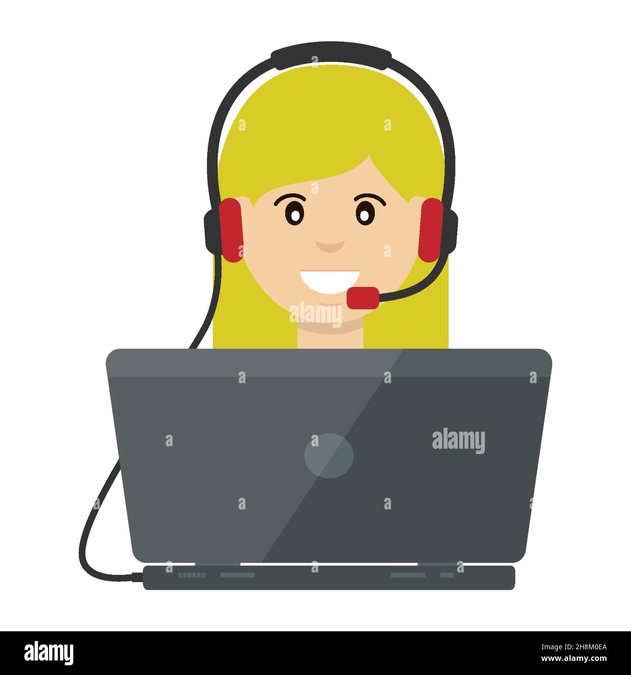 Happy operator girl with computer, headphones and microphone. flat ...