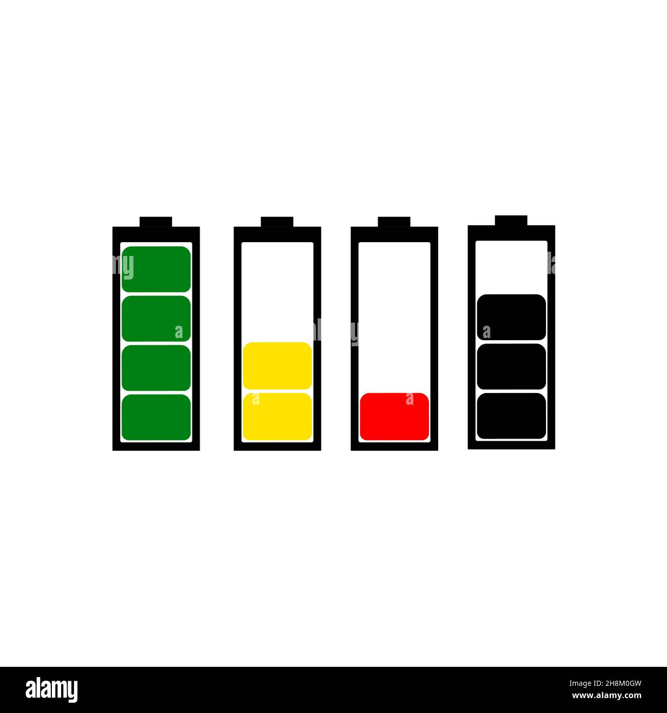 A set of batteries with low and full charge indicators. Flat design ...