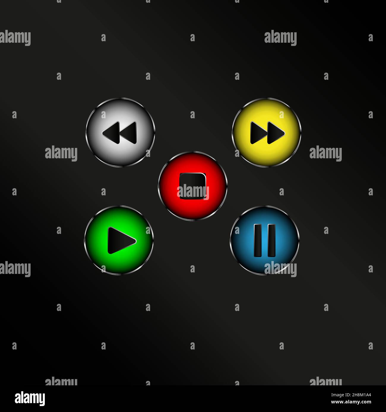 Set of musical buttons multi-colored stop, play, rewind, pause Stock ...