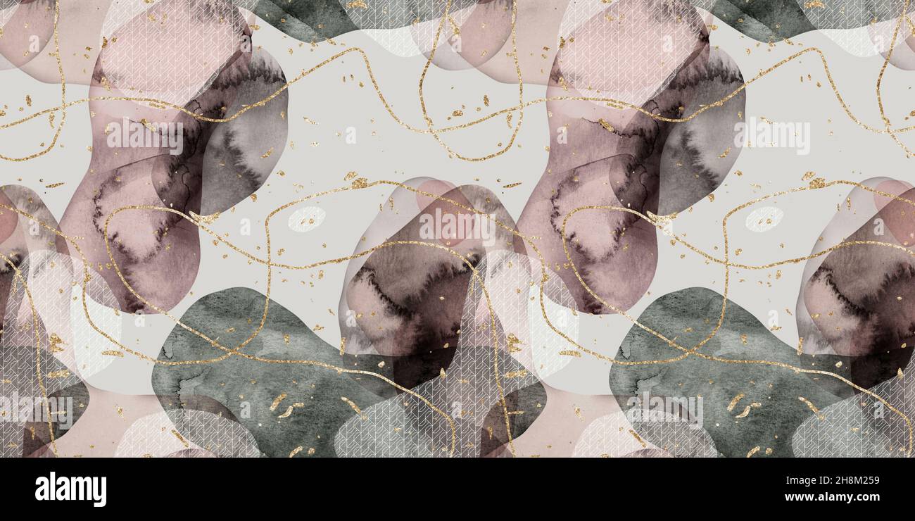 Seamless watercolor abstract organic blob shape overlay with gold lines ...