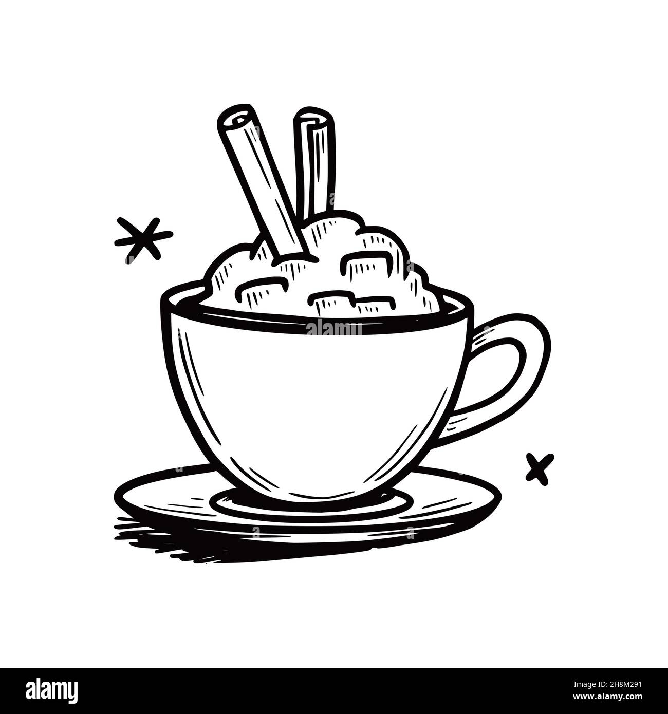 Hot winter drink cup with cream and cinnamon. Warm coffee, tea ...