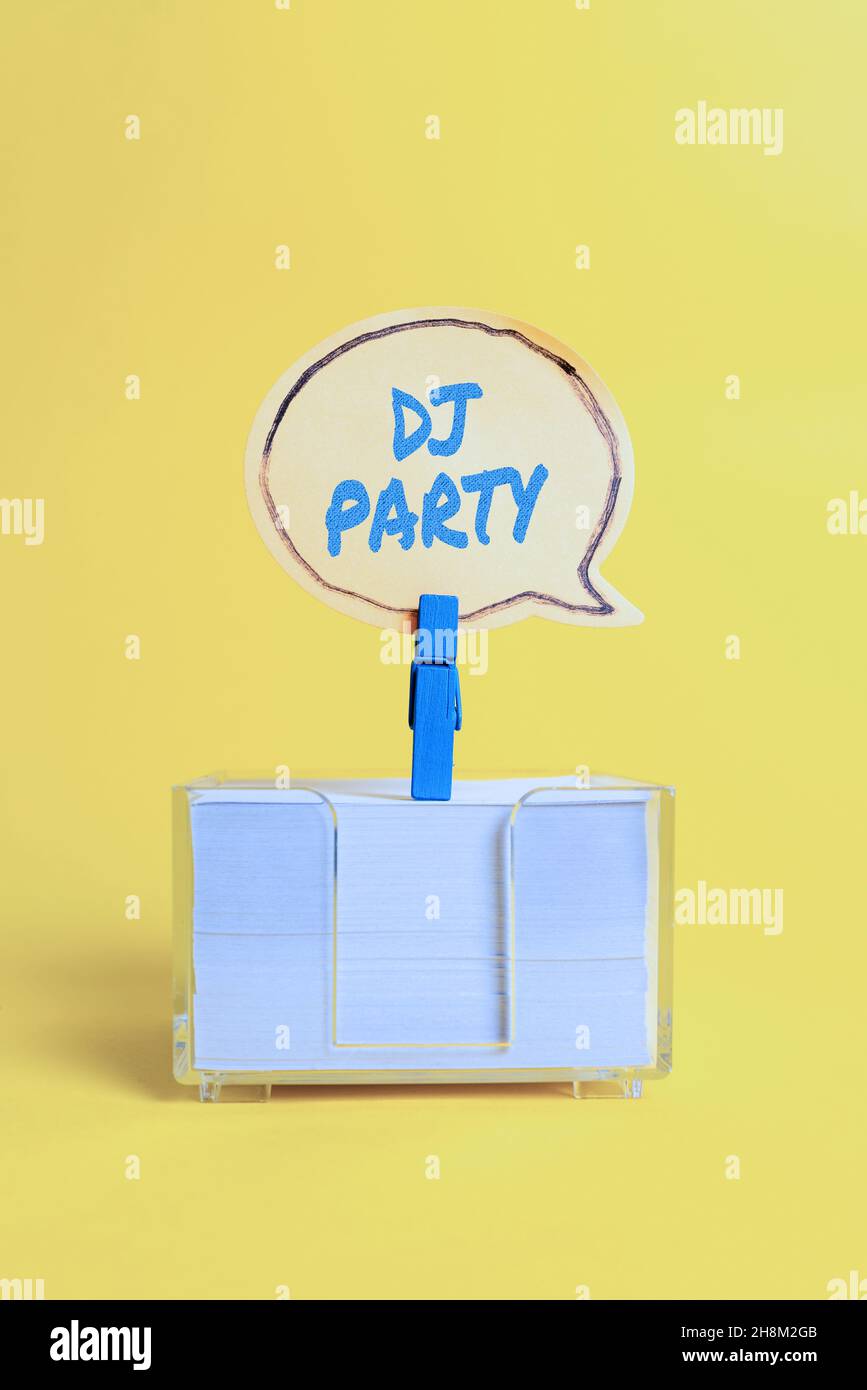 Hand writing sign Dj Party. Word Written on person who introduces and ...